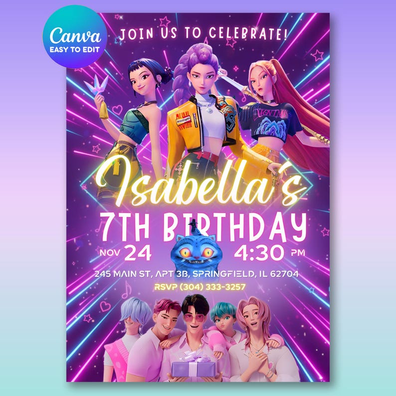 Kpop Demon Hunters Birthday Invitation - Editable Canva Template ...
