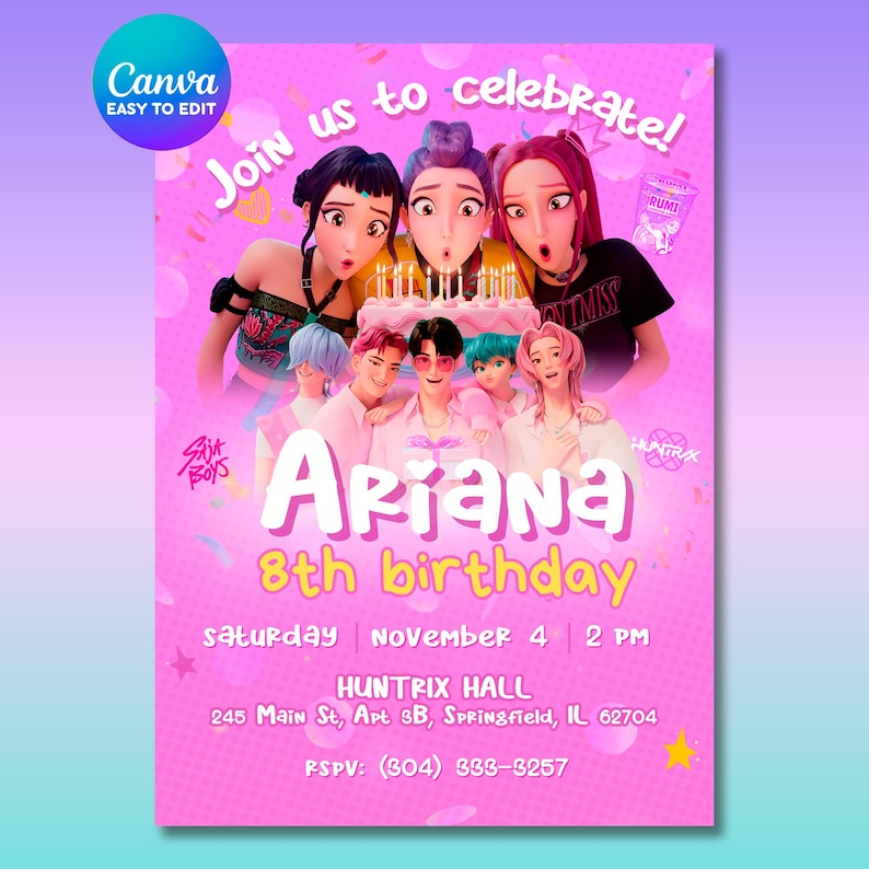 Kpop Demon Hunters Birthday Invitation - Editable Canva Template ...