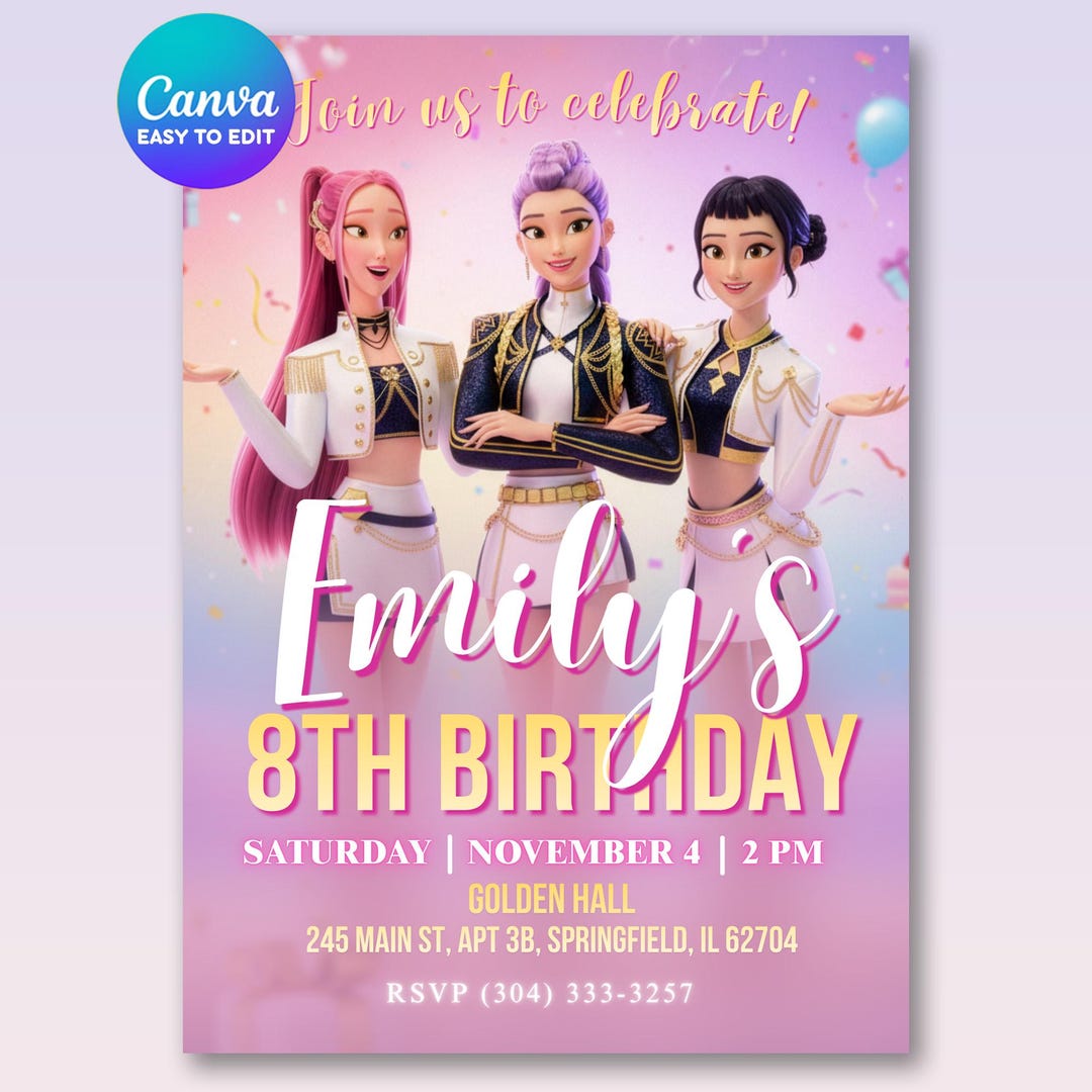 Invitación De Cumpleaños De K Pop Demon Hunters Huntrix Plantilla