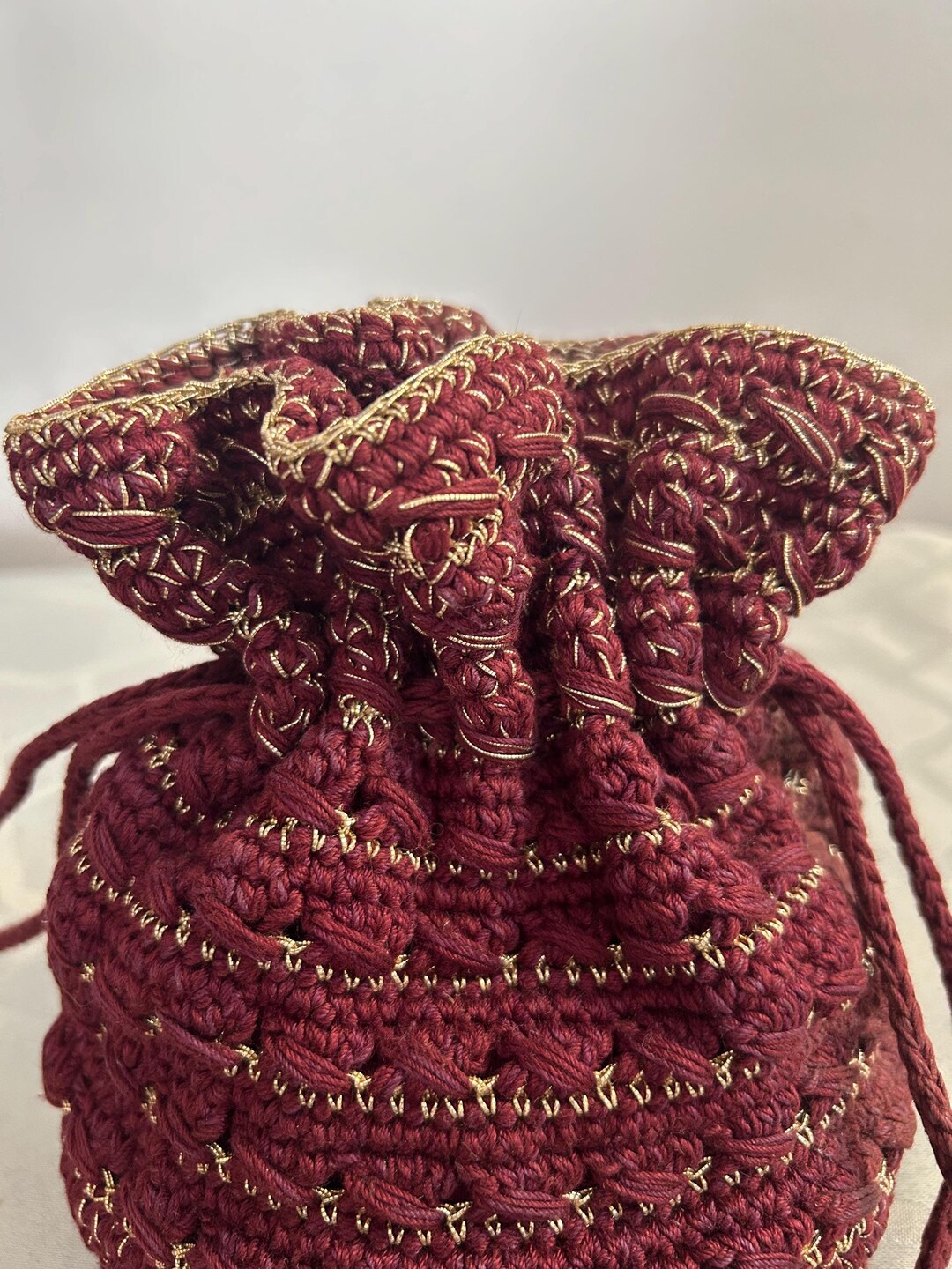 Vintage Crocheted Reticule Bag, Burgundy Yarn With Golden Thread ...