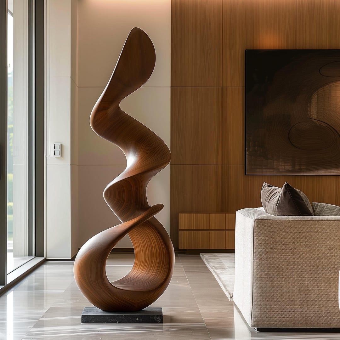 Large Modern Wooden Sculpture With Elegant Spiral Flow Hand Carved From ...