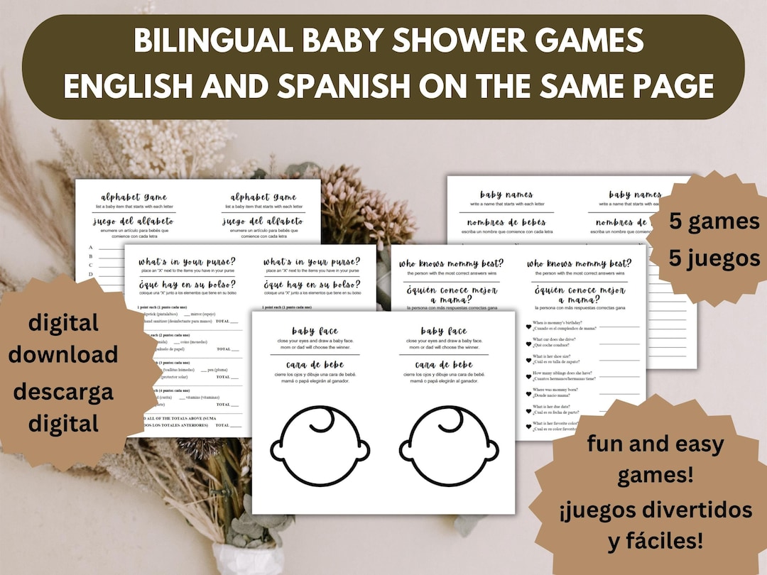 Bilingual Baby Shower Games | Printable Party Games | Games in English ...