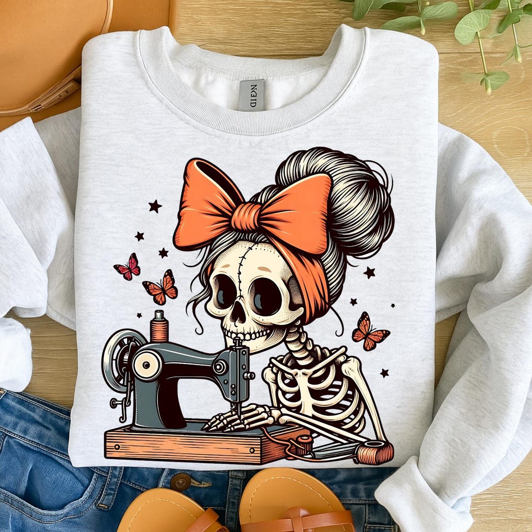 Messy Bun Skeleton Quilter PNG: Halloween Sewing Machine Clipart - Etsy