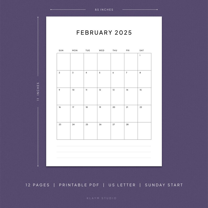 Printable 8.5x11 2025 Calendar - Portrait - 12 Page PDF - Letter Size ...
