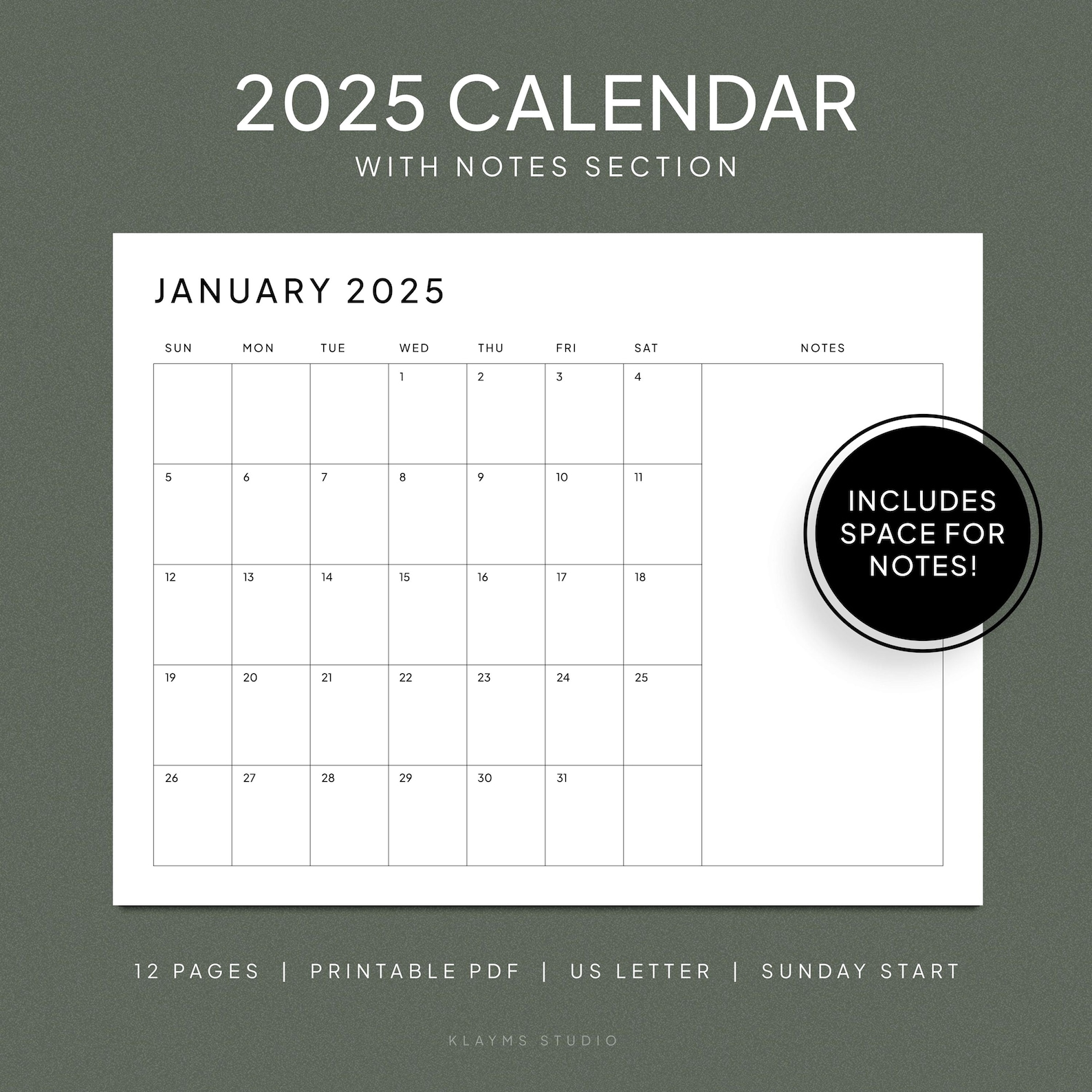 Printable 8.5x11 2025 Calendar With Notes - Landscape - 12 Page PDF ...