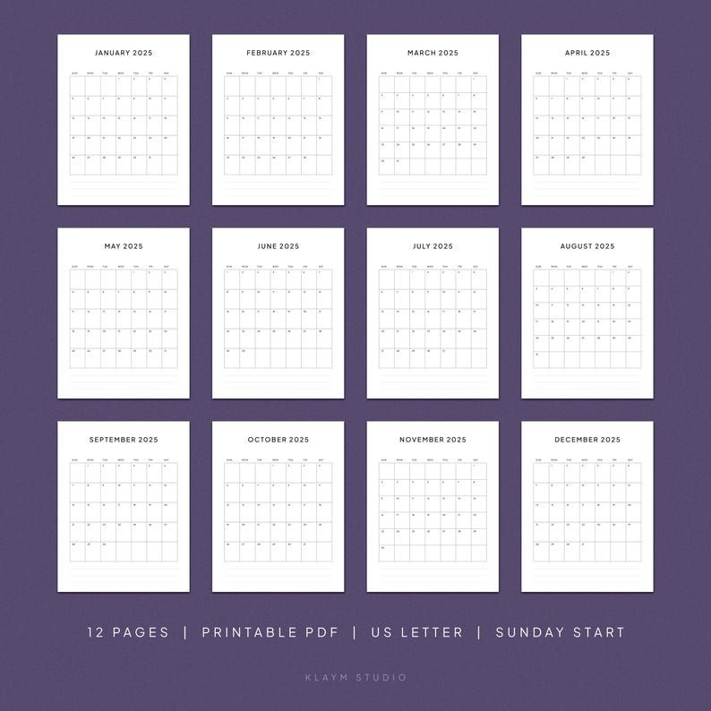 Printable 8.5x11 2025 Calendar - Portrait - 12 Page PDF - Letter Size ...