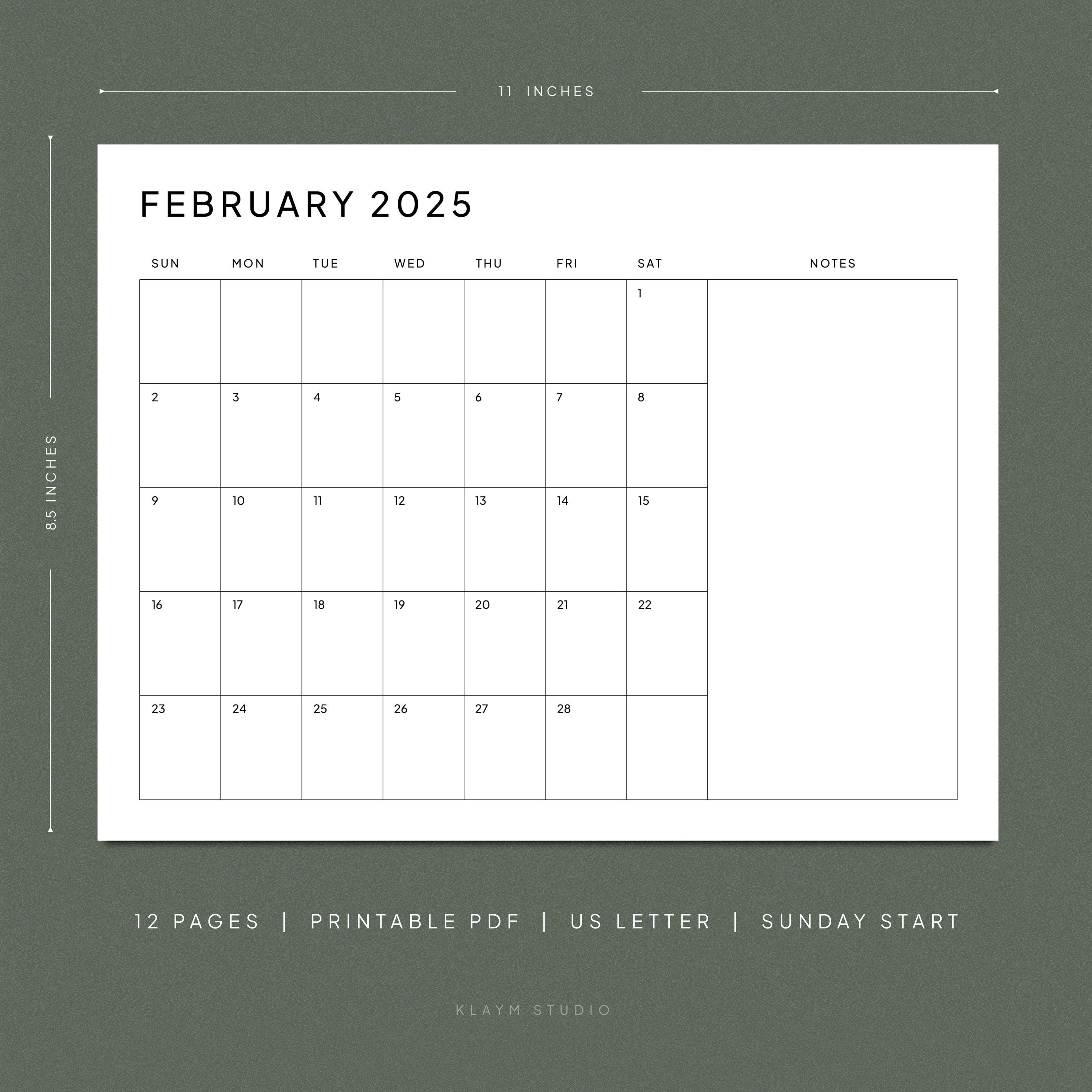 Printable 8.5x11 2025 Calendar With Notes - Landscape - 12 Page PDF ...