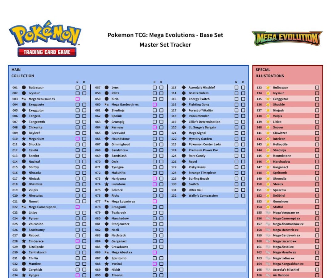 Pokemon Mega Evolution - Master Set Checklist - Etsy