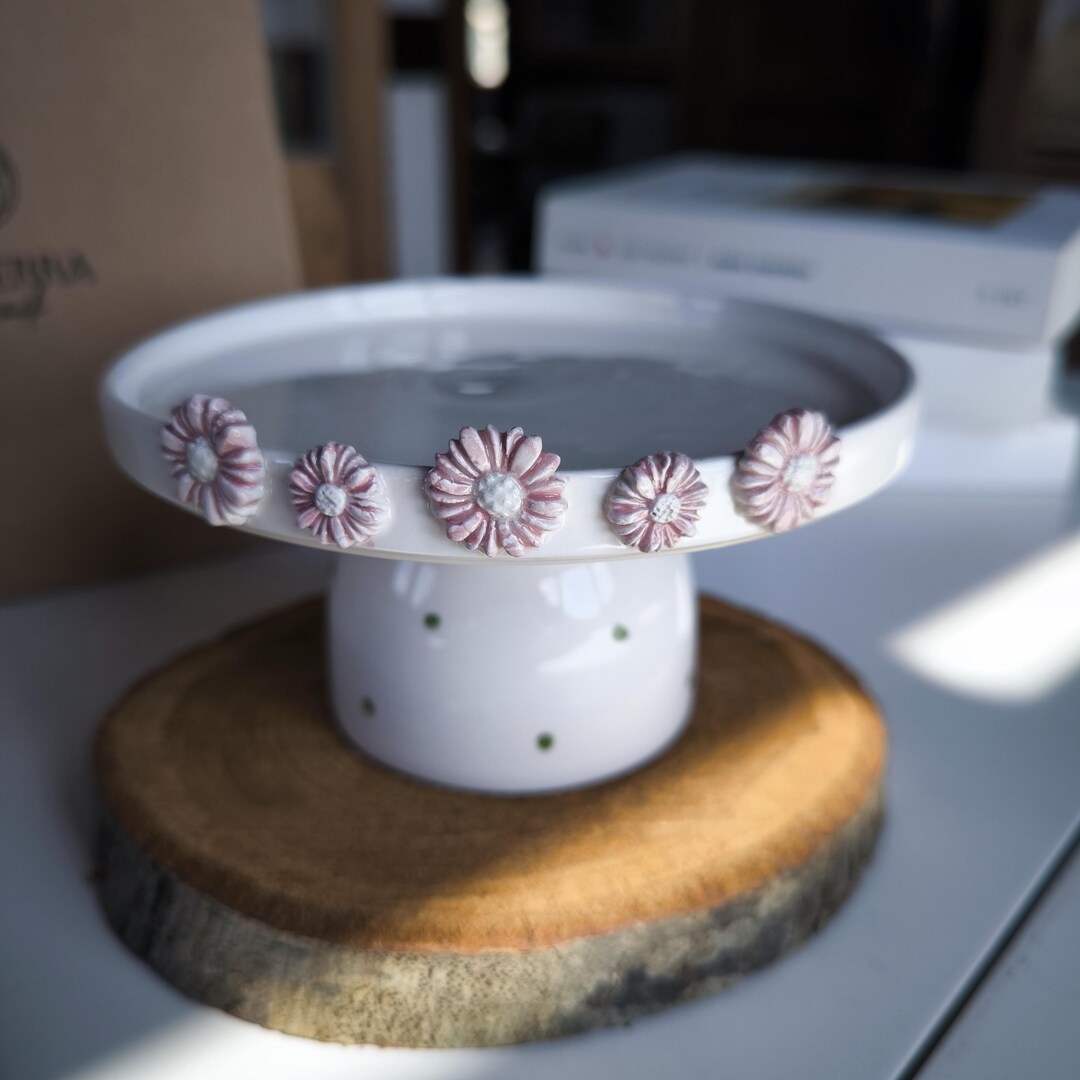 Handmade Ceramic Cake Stand: Pink Flower Dessert Pedestal - Etsy