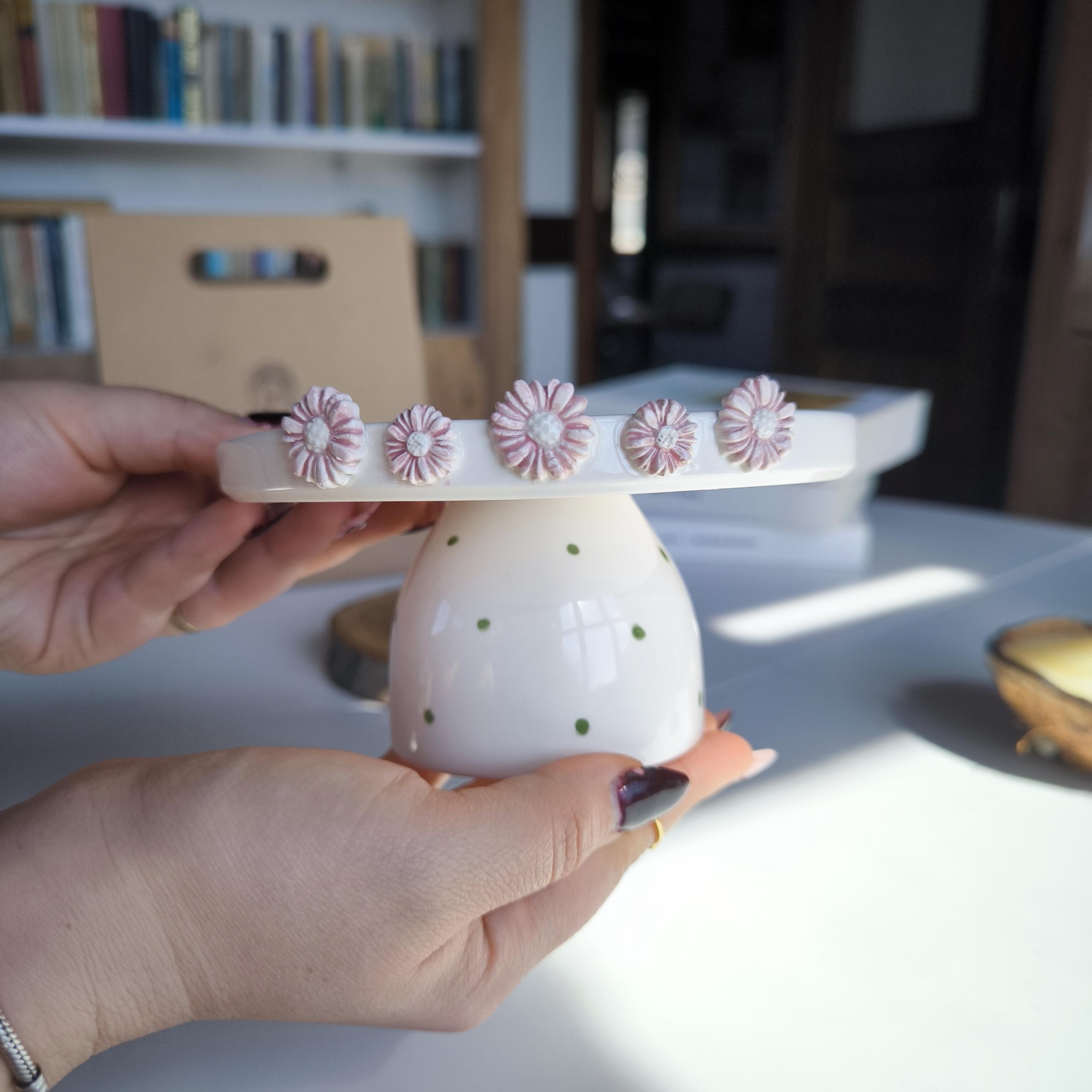 Handmade Ceramic Cake Stand: Pink Flower Dessert Pedestal - Etsy