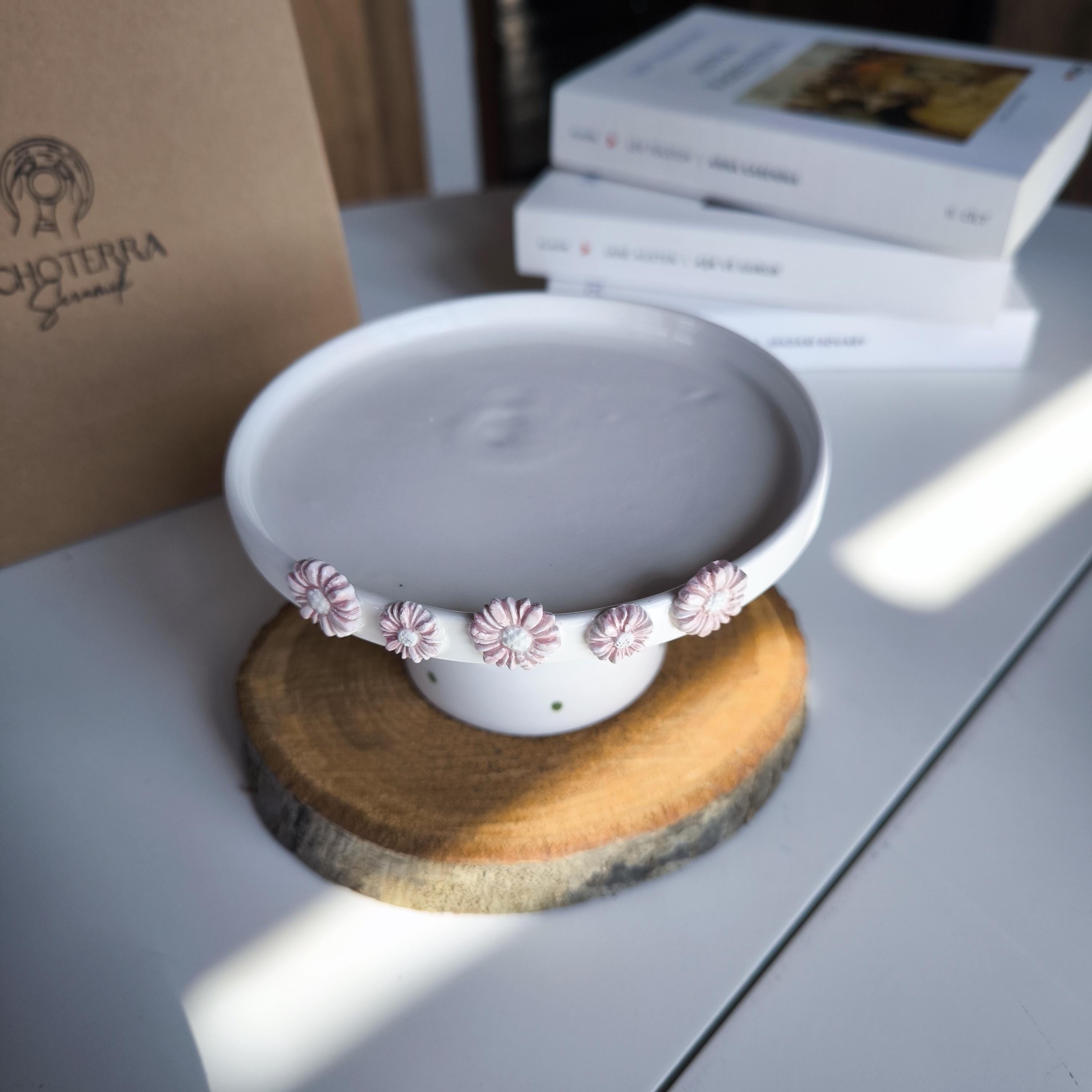 Handmade Ceramic Cake Stand: Pink Flower Dessert Pedestal - Etsy