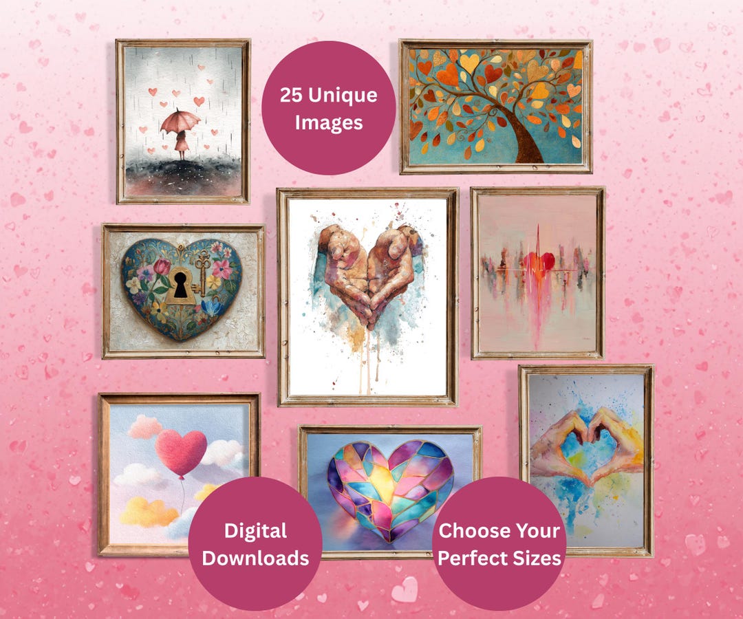 25 Printable Heart Art Prints Valentine’s Day Digital Wall Art Bundle ...