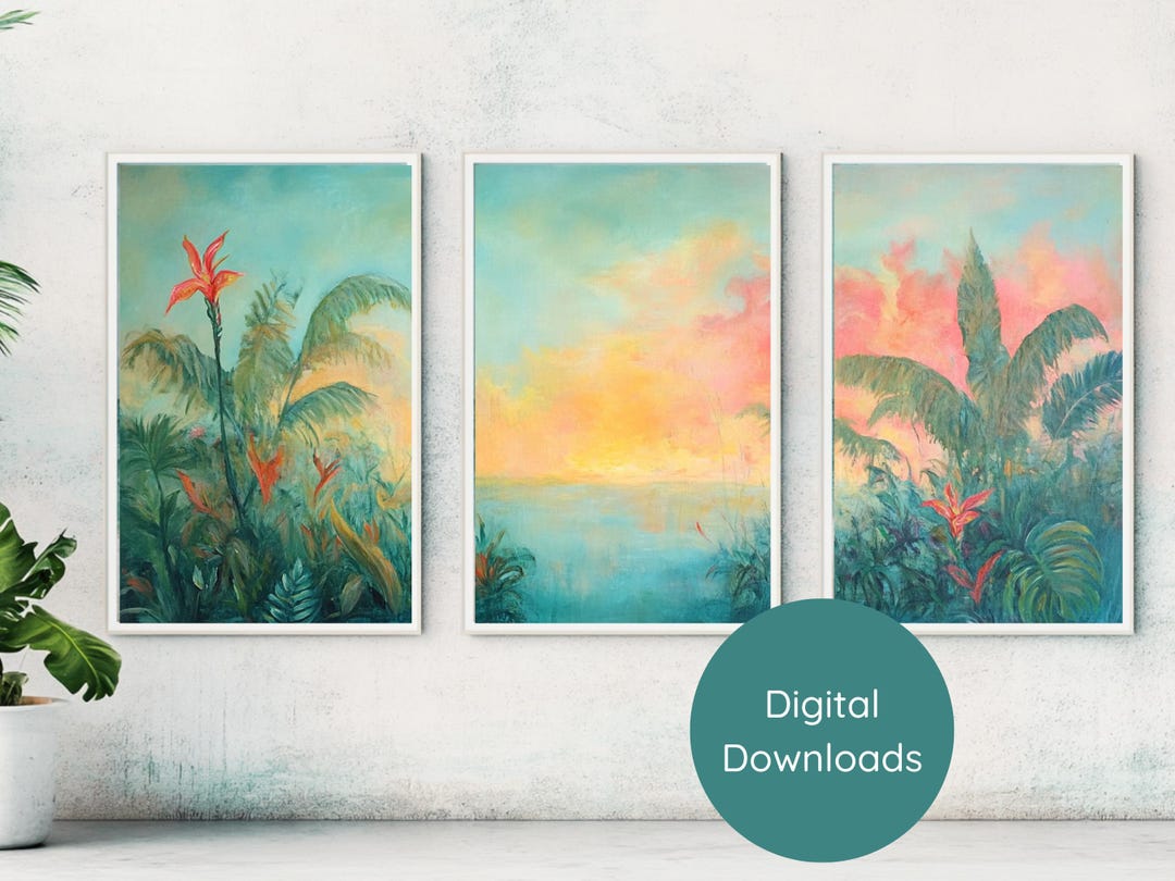 Tropical Sunset Wall Art Jungle Triptych Digital Print Coastal Boho ...