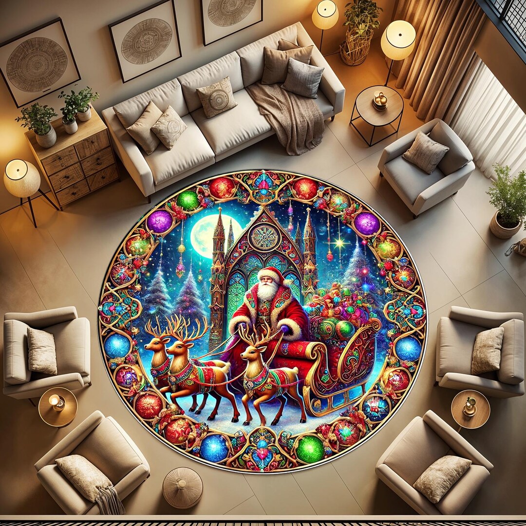 Santa Claus Rug, Round Rug, Deer, Flower, Sled, Snow, Winter, Church ...