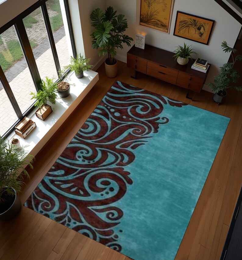 Sea Motif Rug, Wavy Sea Rug, Stormy Sea Rug, Blue Black Rug, Ocean Rug ...
