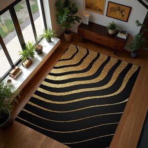 Gold Glitter Rug, Black and Gold Stripes, Easy to Clean, Washable, Non ...