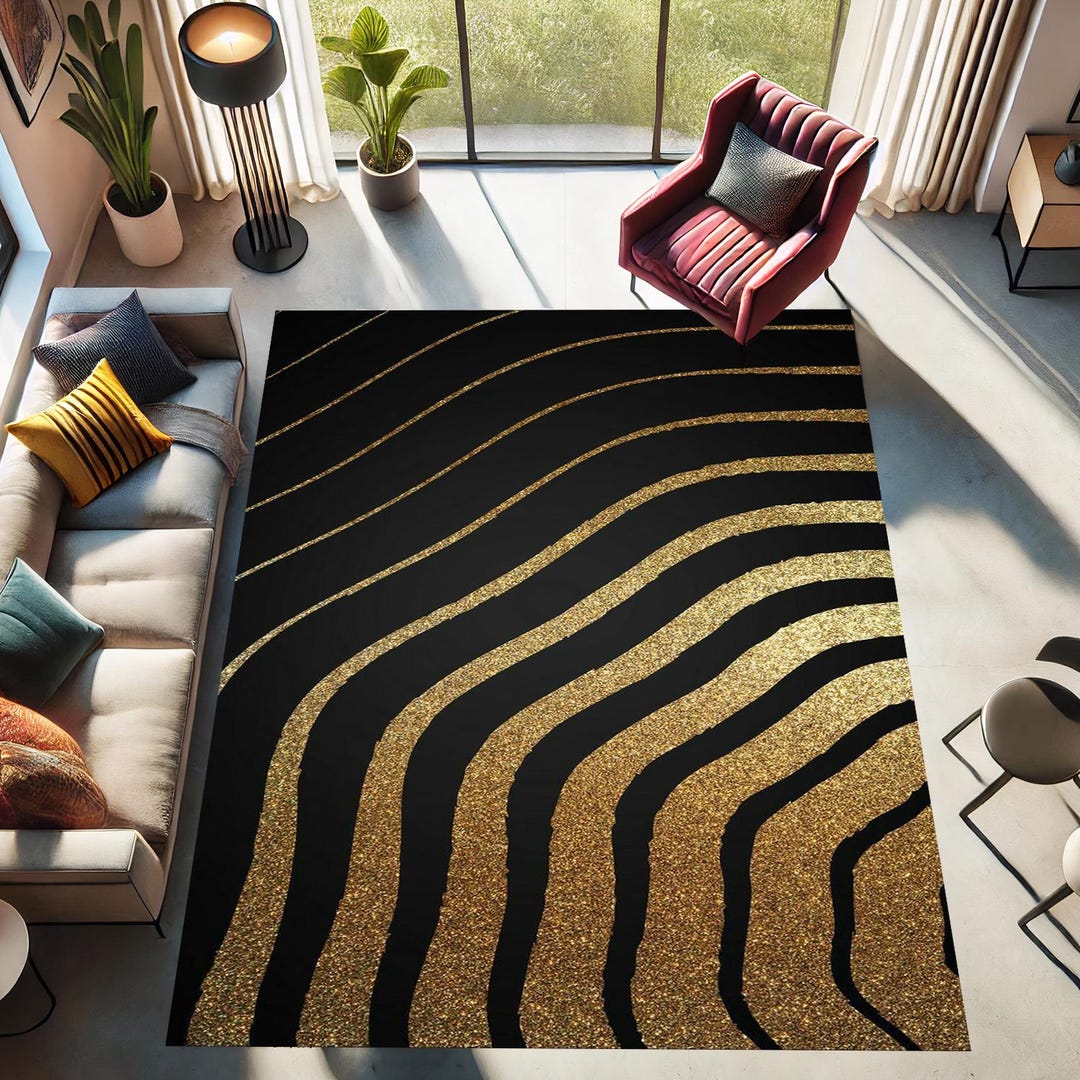 Gold Glitter Rug, Black and Gold Stripes, Easy to Clean, Washable, Non ...