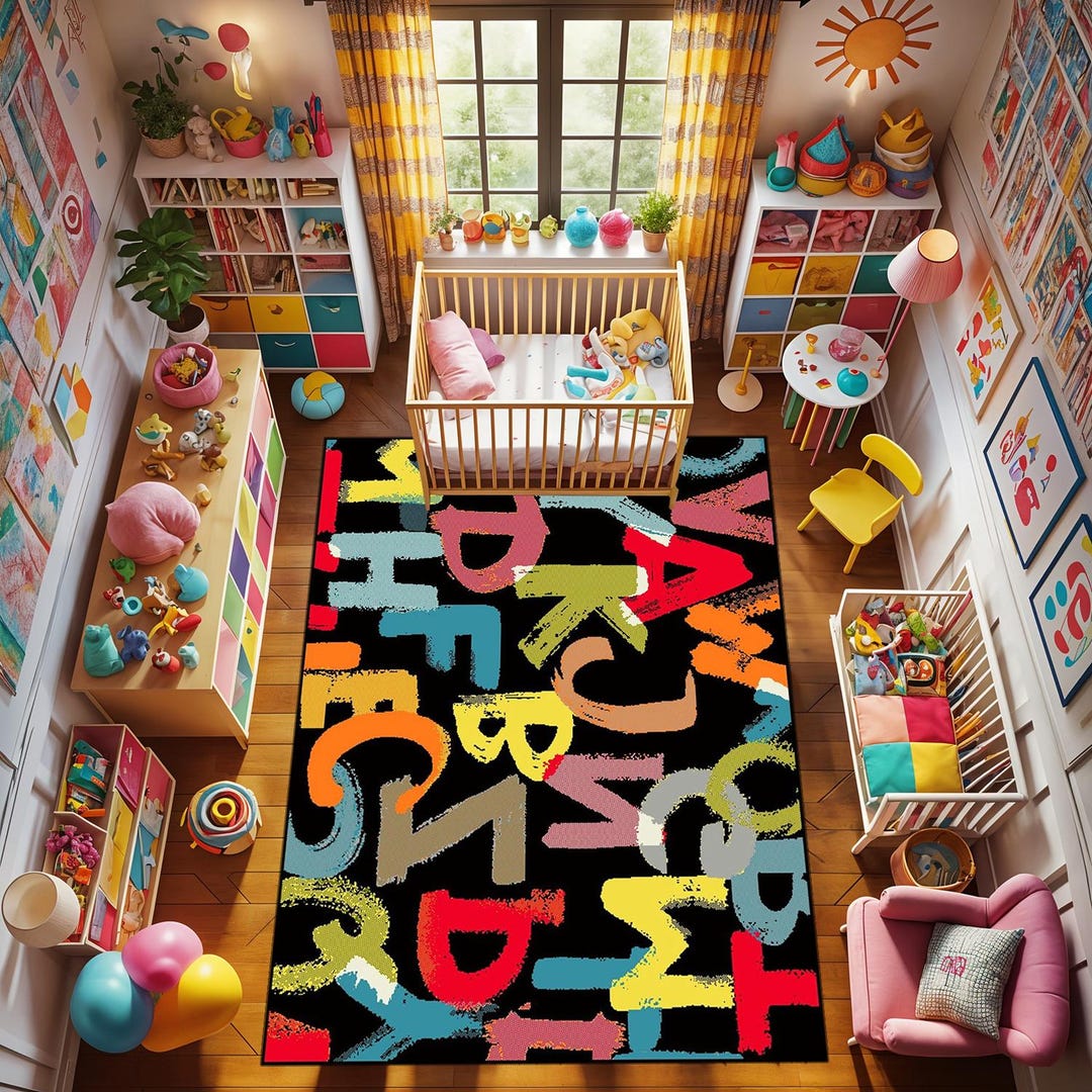 Alphabet Patterned Rug, Colorful Letters Rug, Game Rug, Special Rug for ...