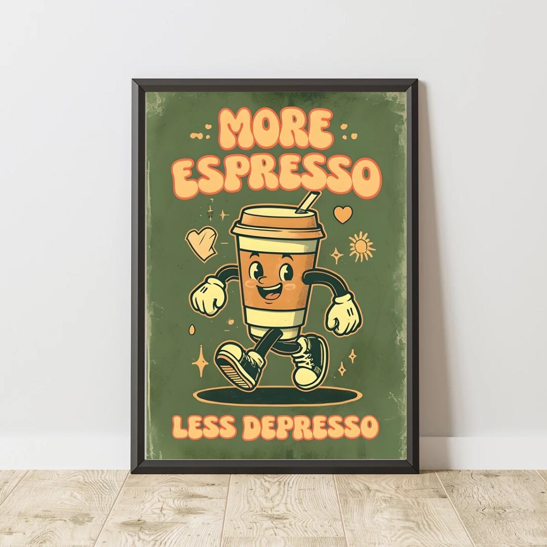 Espresso Coffee Wall Art Printable Funny Coffee Poster Retro Cartoon ...