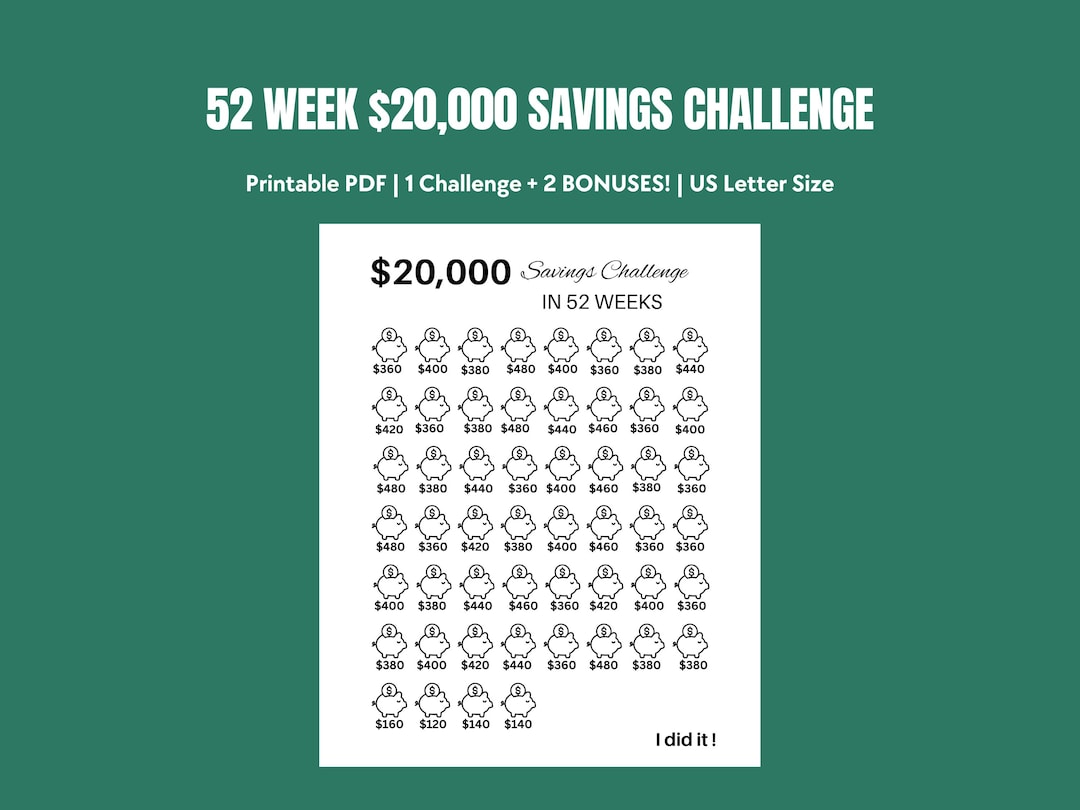 52-week 20000 Savings Challenge Tracker | Printable Budgeting Tool ...