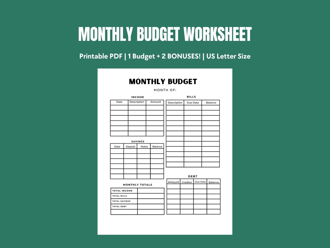 Printable Monthly Budget Worksheet PDF - Budget Planner Template ...