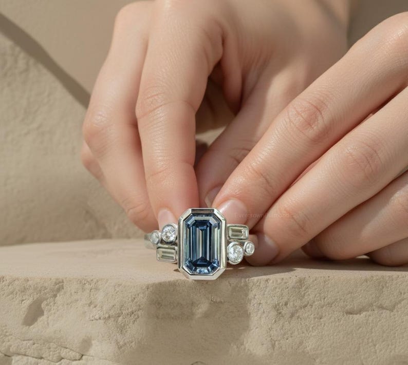 3 Ct Emerald Cut Blue Moissanite Ring for Her Bezel Set Multi Stone ...