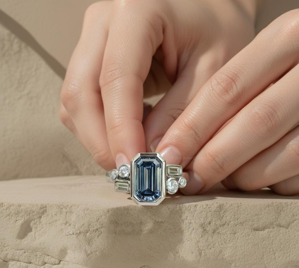 3 Ct Emerald Cut Blue Moissanite Ring for Her Bezel Set Multi Stone ...