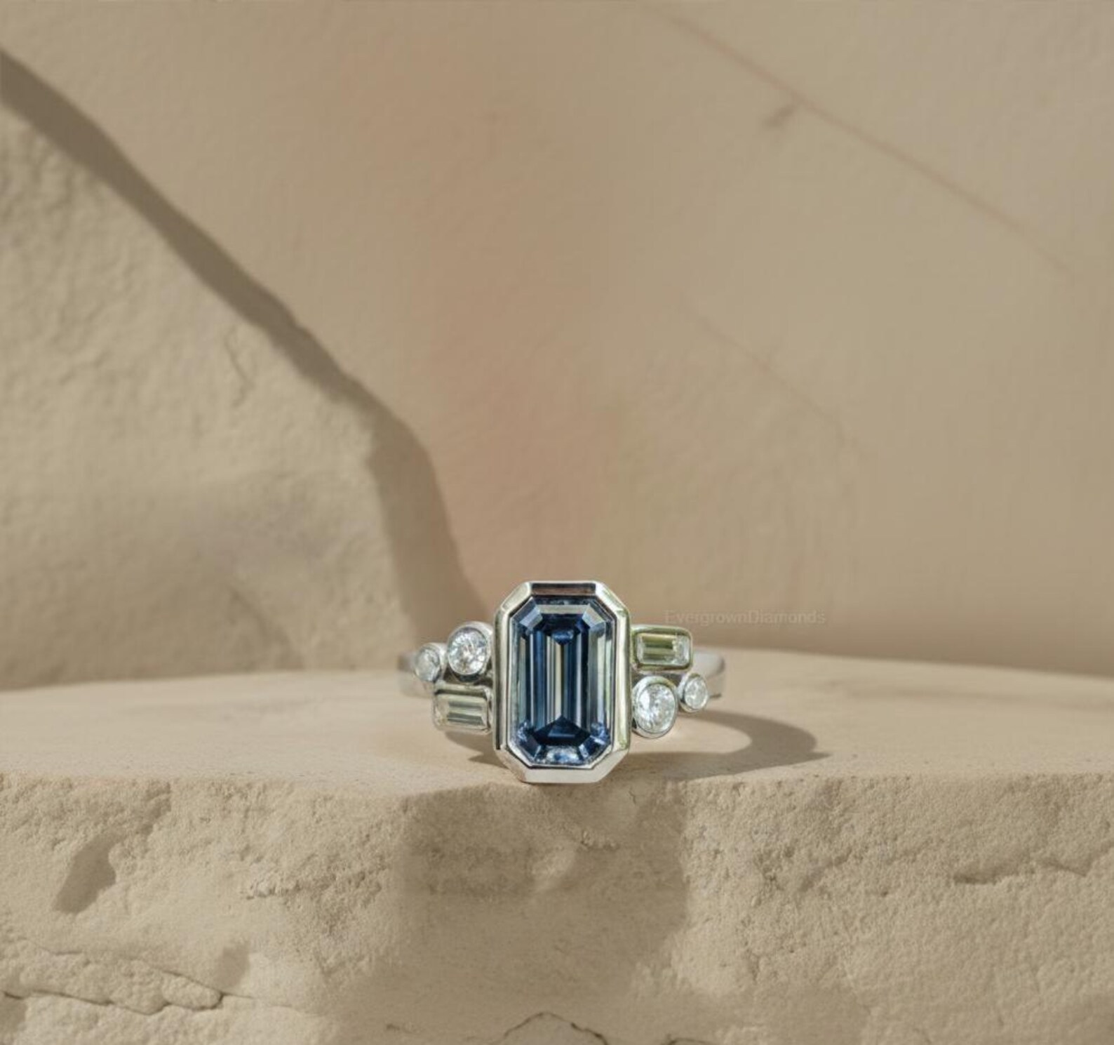 3 Ct Emerald Cut Blue Moissanite Ring for Her Bezel Set Multi Stone ...