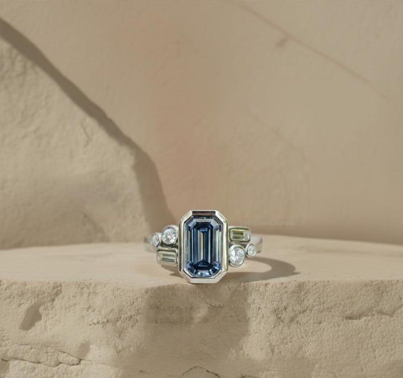 3 Ct Emerald Cut Blue Moissanite Ring for Her Bezel Set Multi Stone ...