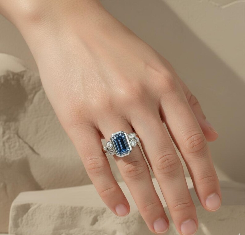 3 Ct Emerald Cut Blue Moissanite Ring for Her Bezel Set Multi Stone ...