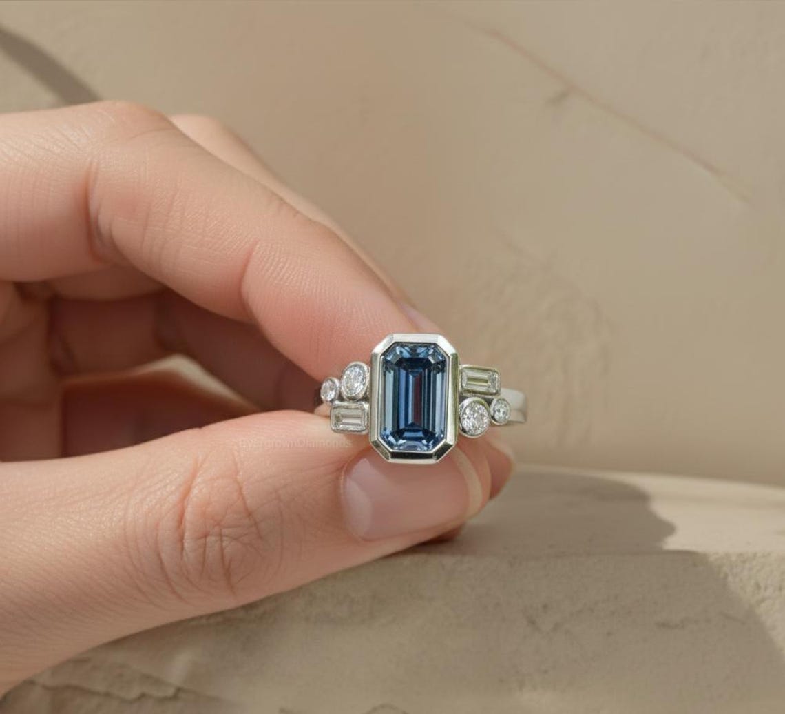 3 Ct Emerald Cut Blue Moissanite Ring for Her Bezel Set Multi Stone ...