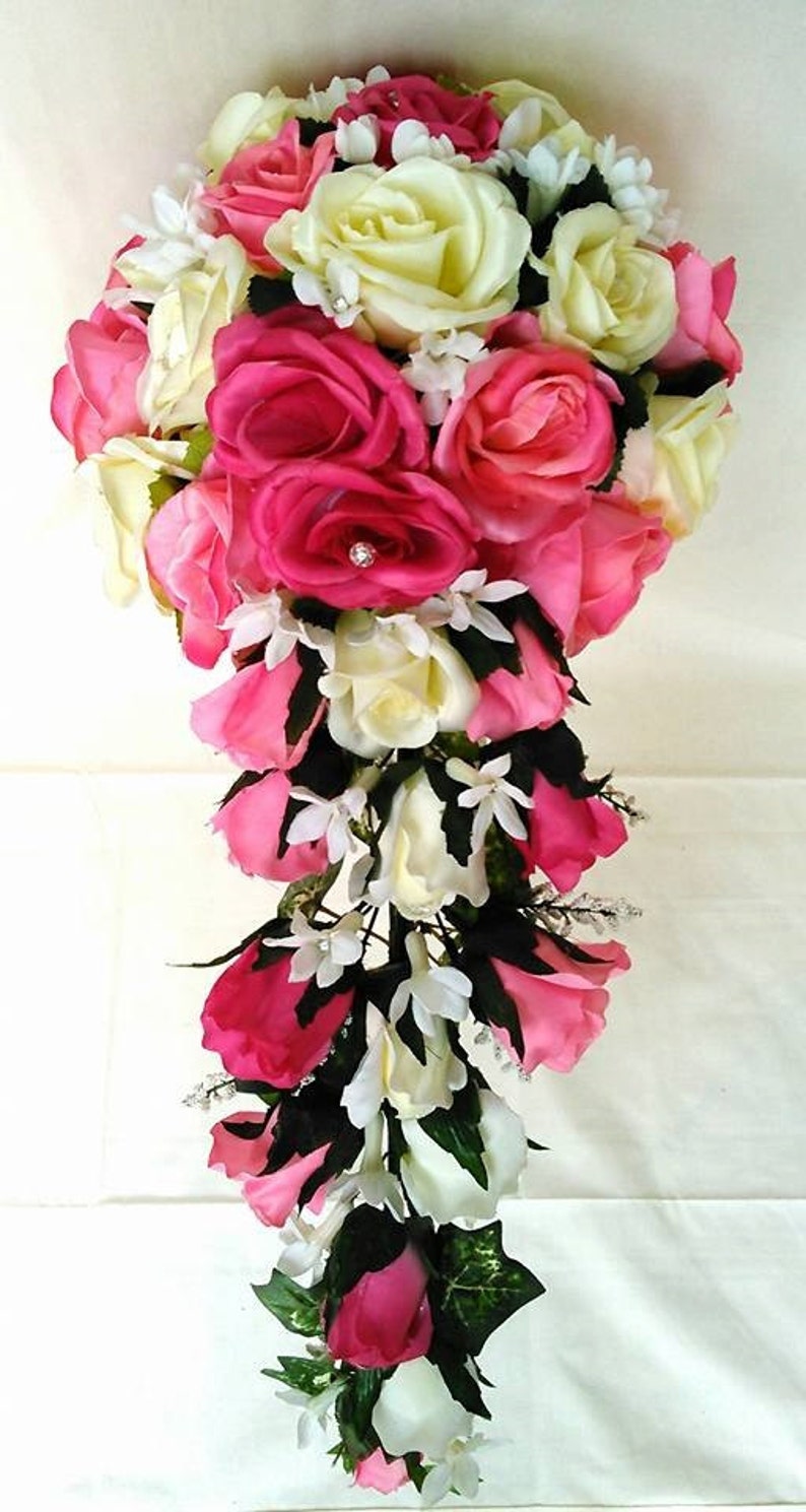 Fuschia, Hot Pink, Pink, Ivory Roses, Stephanotis, Crystals, Silk ...