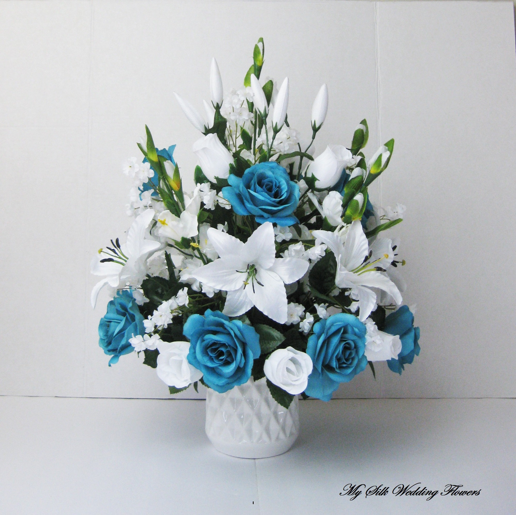 Tall Silk Flower Arrangement, Turquoise Roses Flower Arrangement, Teal ...