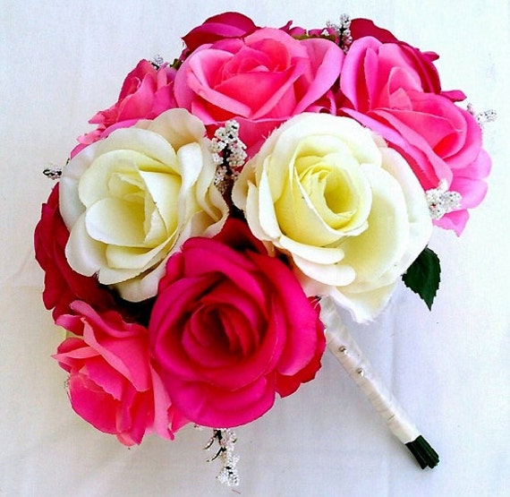 Fuchsia Bouquet Hot Pink Roses Pink Bouquet Ivory Roses | Etsy