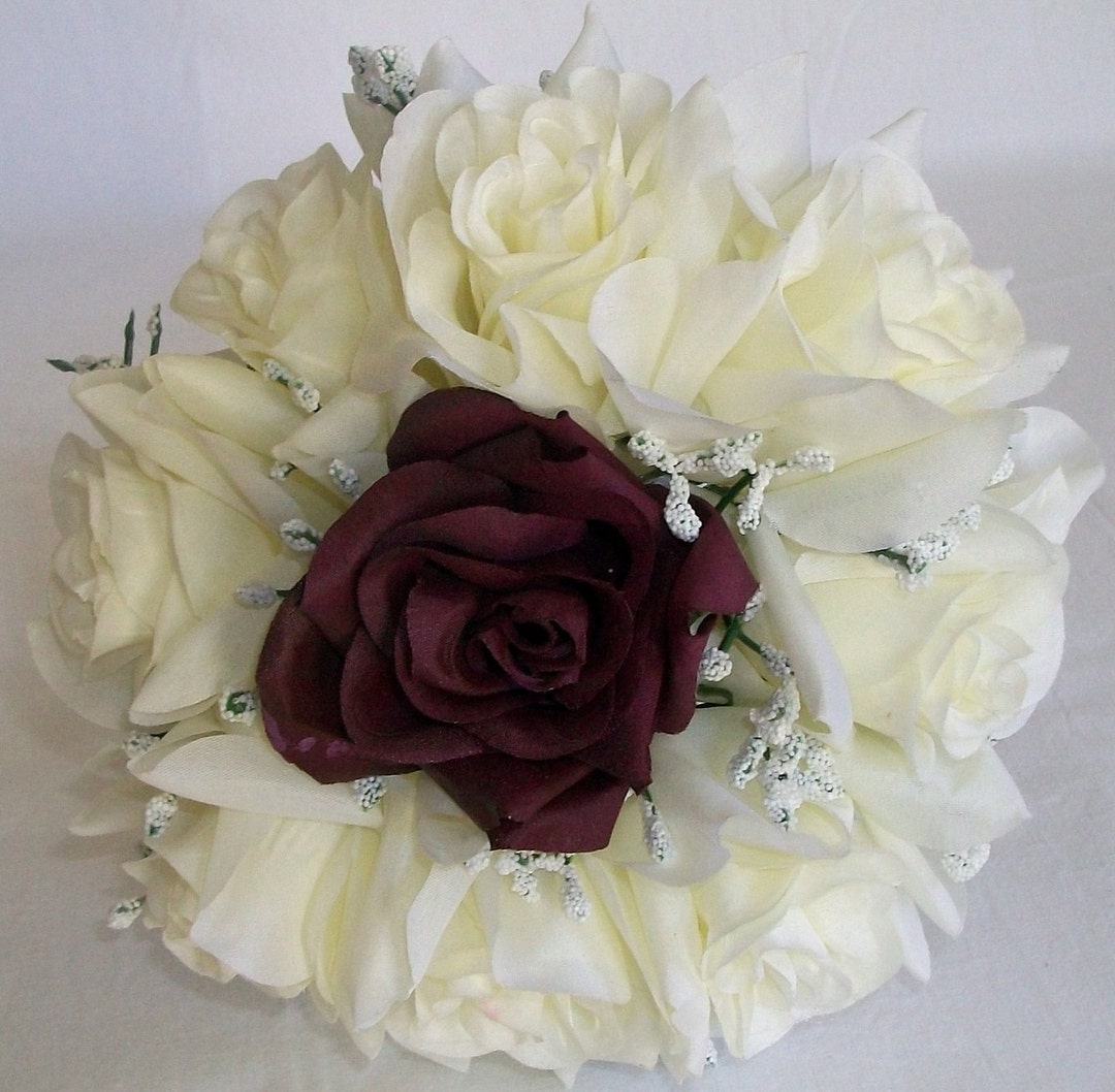 Ivory and Plum Rose Bouquet, Ivory Roses Bouquet, Ivory Silk Flower ...