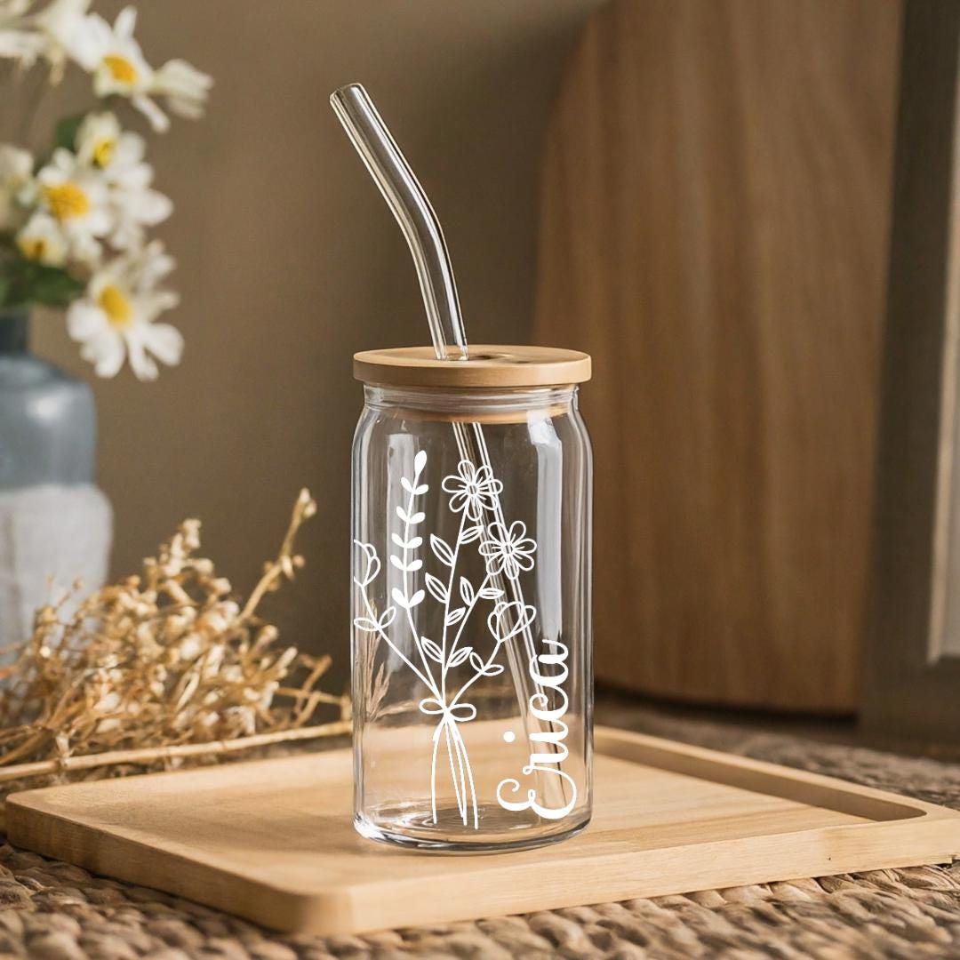 Personalized Birth Flower Coffee Cup With Name, Lid and Straw Glass Cup ...