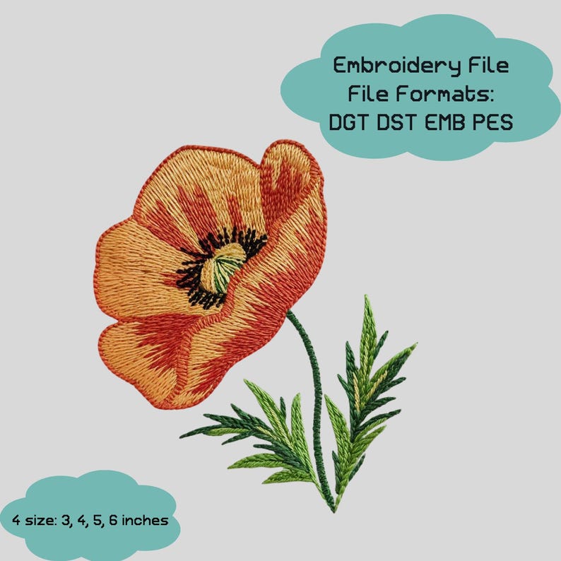Mini Poppy Flower Embroidery File Wildflower Floral Design for Machine ...