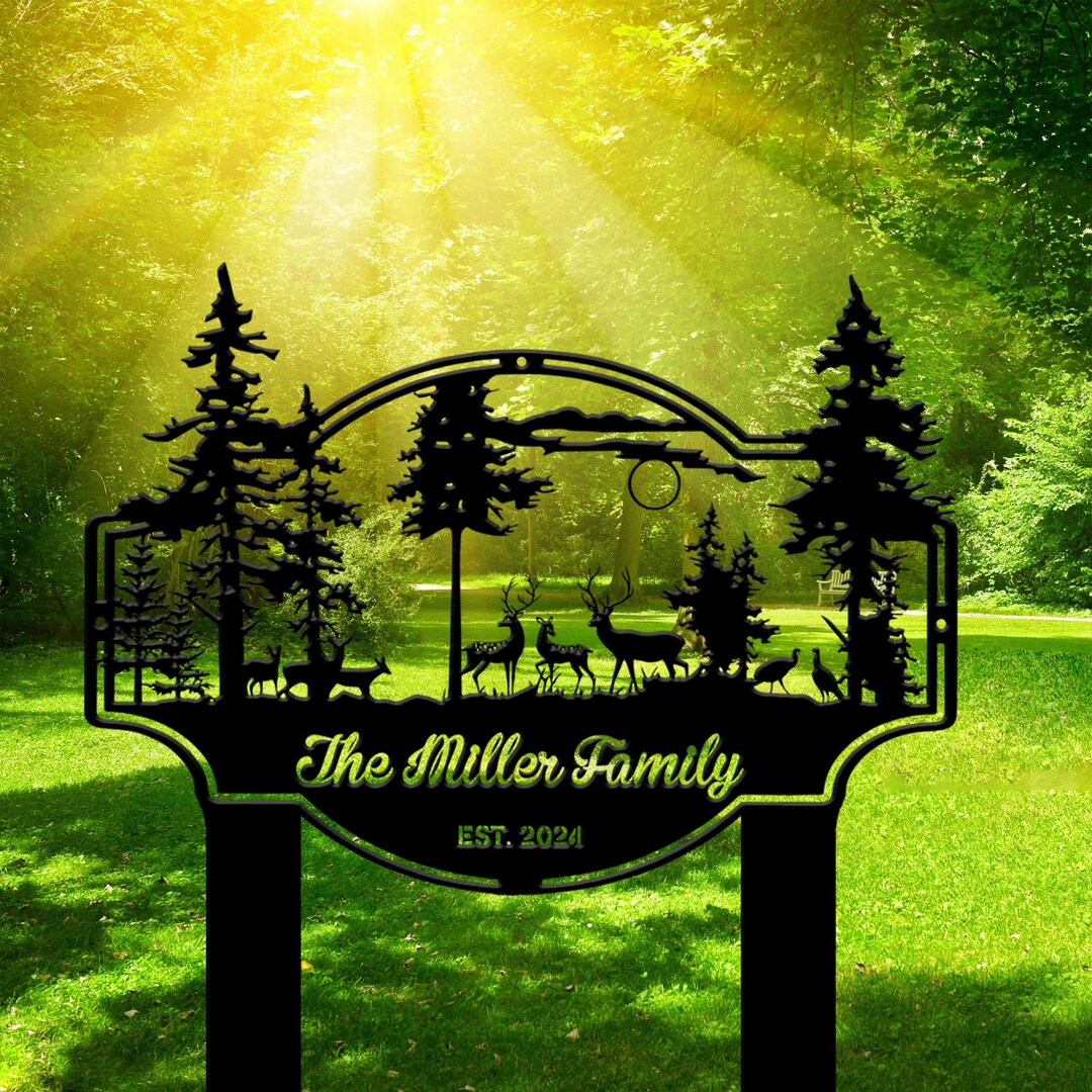 Custom Metal Family Name Sign With Deer & Pine Forest Scene ...