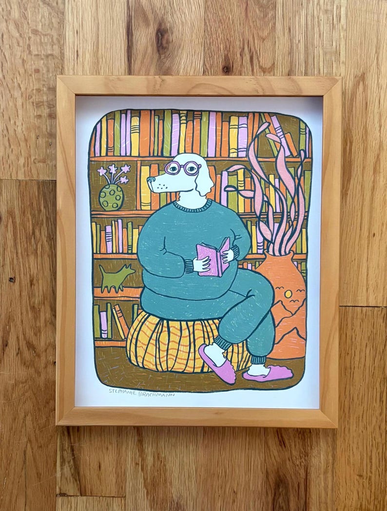 Literary Dog - Art Print 8x10, Dogs, Books, Reading, Library, Whimsical ...