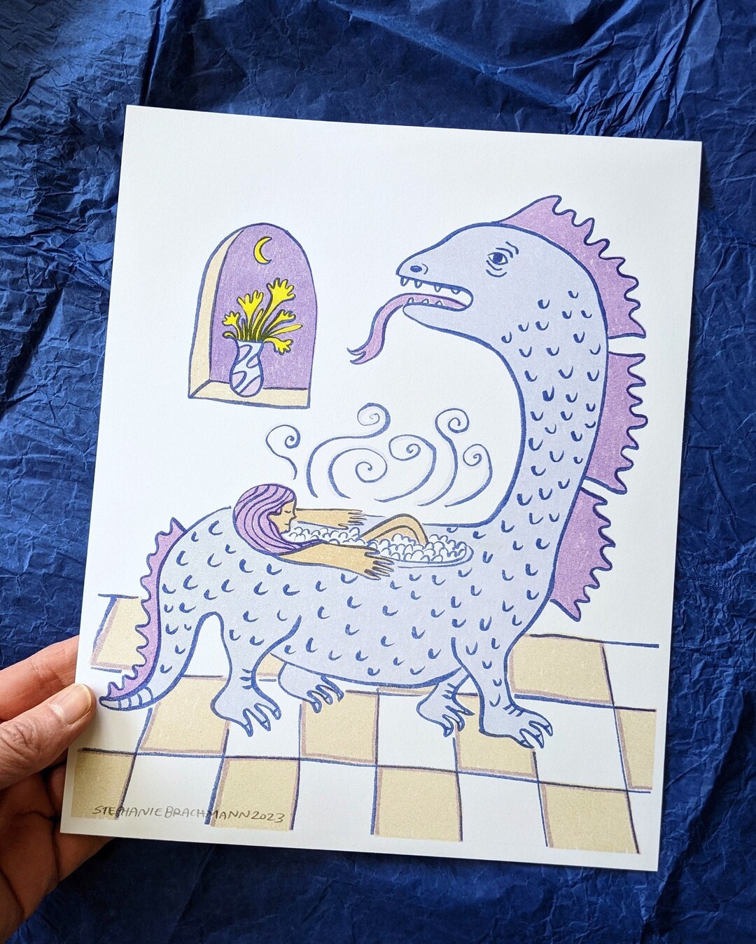 Clawfoot Tub - Dragon's Lair - Risograph Print - 8x10 - Dragon - Bath - Bathtub - Rise - Etsy
