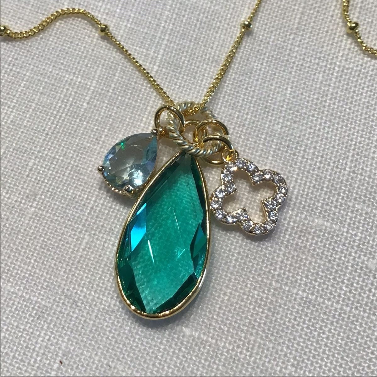 Bezel Set, Blue, Teal,clover, CZ, Gold, Necklace, 16 Inch Chain - Etsy