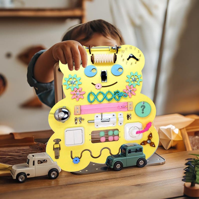 Busy Board for Kids – Wooden Sensory Toy With Locks, Buttons, Velcro ...