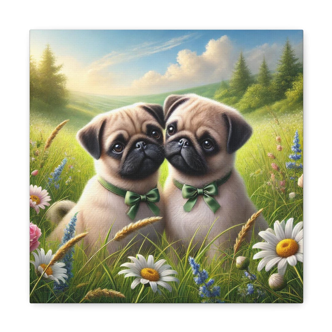 Pug Paradise, Adorable Pug Wall Art on Canvas, Pug Wall Art, Green ...