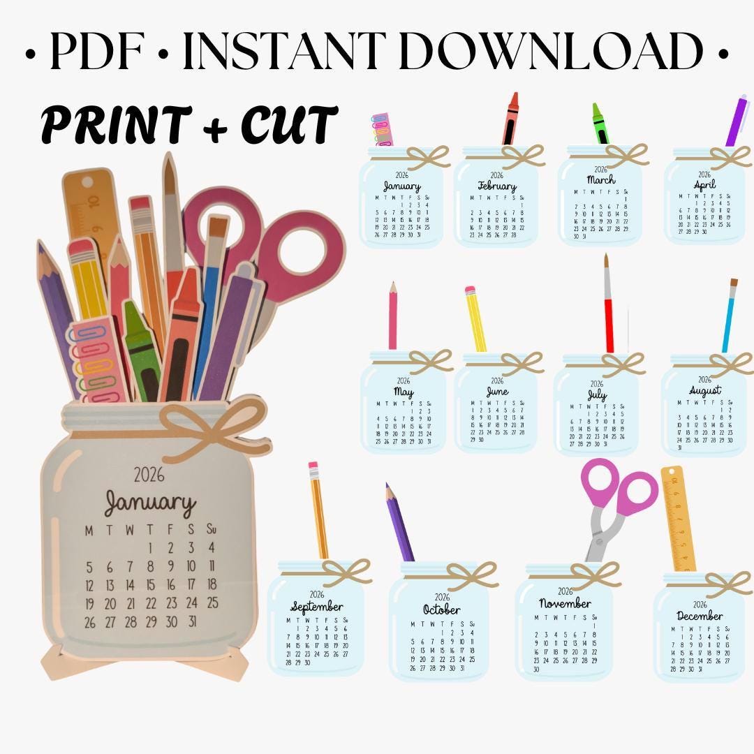 2026 Printable Mason Jar Calendar • Desk Decor • School Theme • PDF ...