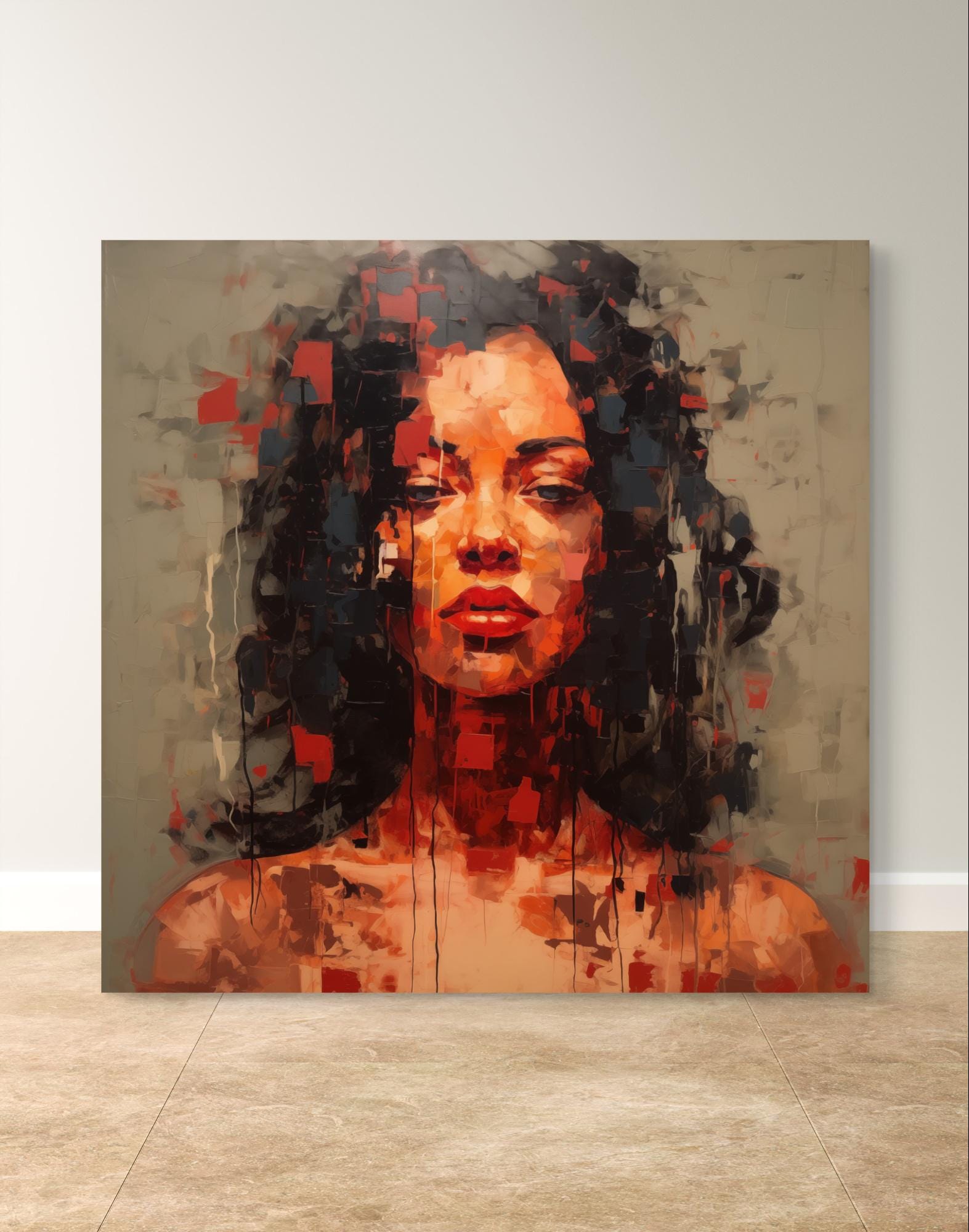 Fiery Elegance A Bold Abstract Canvas Portrait - Striking Expressionist ...