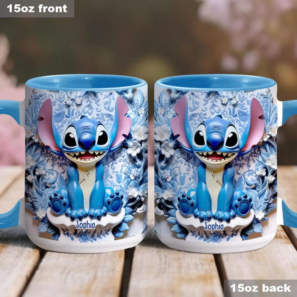 Personalized Stitch Accent Mug, Blue Floral Monster Two Tone Cup, Flat ...