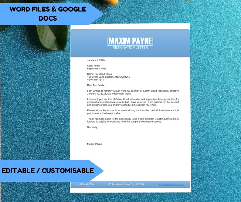 Resignation Letter Template, Customizable Letter for Leaving Jobs ...