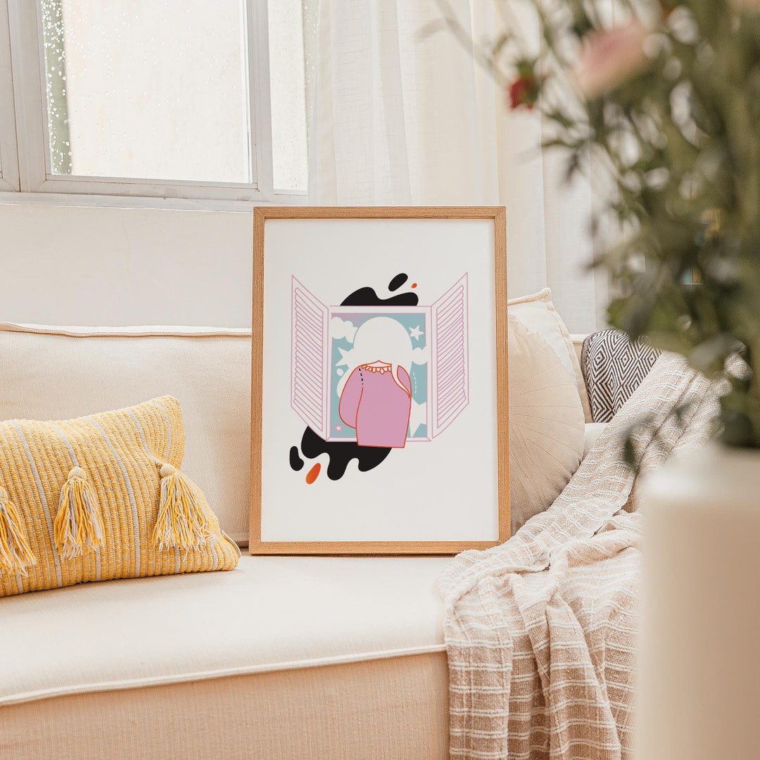 Minimalist Scandinavian Line Art Print | Feminine Girl by Window ...