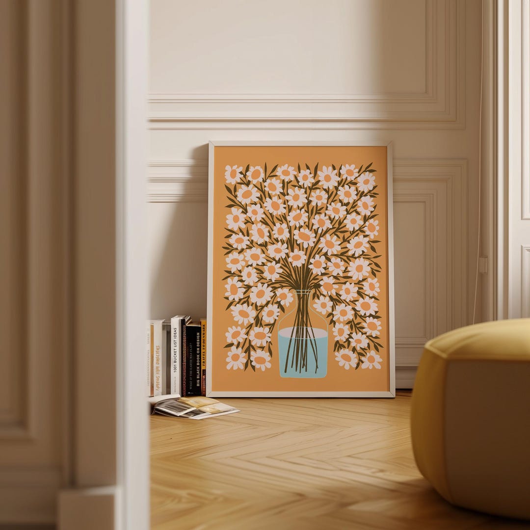 Retro Daisy Art Print, Warm Floral Poster, Modern Botanical Wall Decor ...