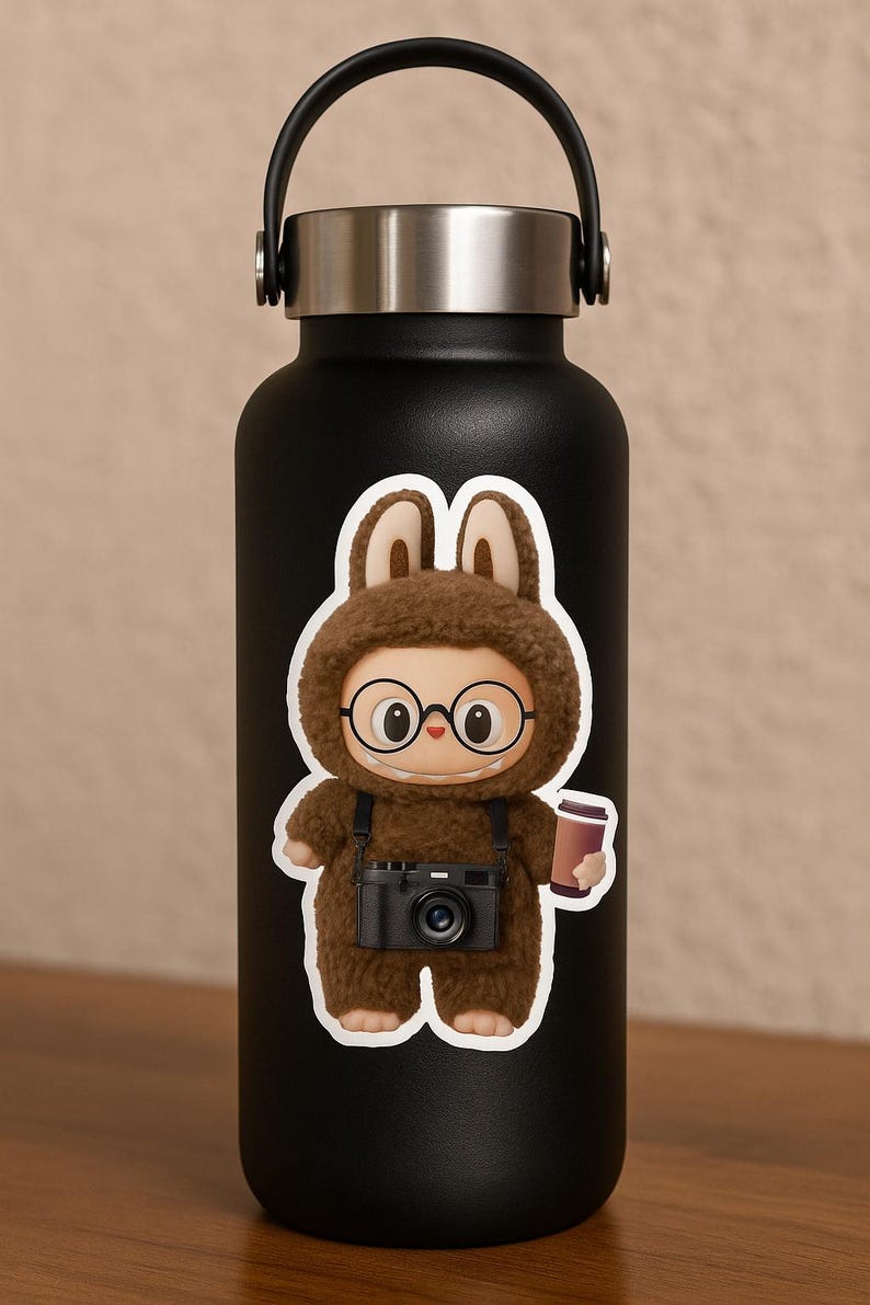 Labubu Coffee & Camera Sticker – 4" Kawaii Bunny Photographer Decal ...